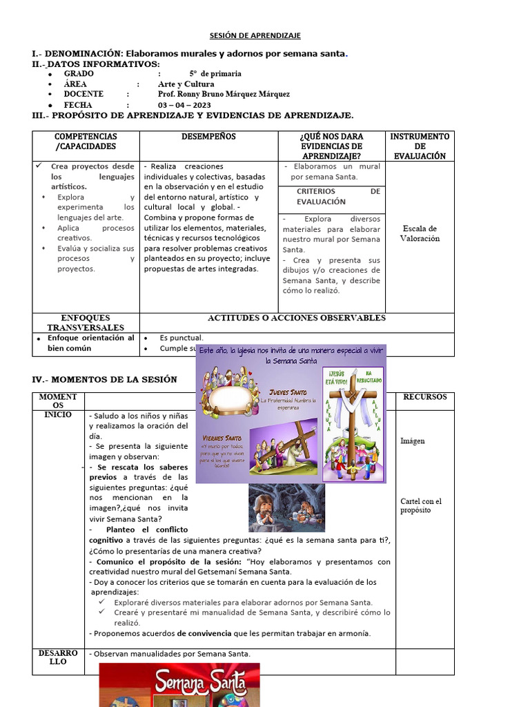 SESIÓN DE APRENDIZAJE Murales y Adornos Por Semana Santa | PDF | Aprendizaje | Evaluación