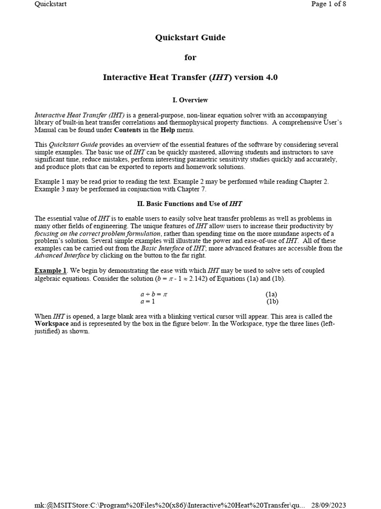 Quickstart Guide For Interactive Heat Transfer (IHT) Version 4.0 | PDF ...
