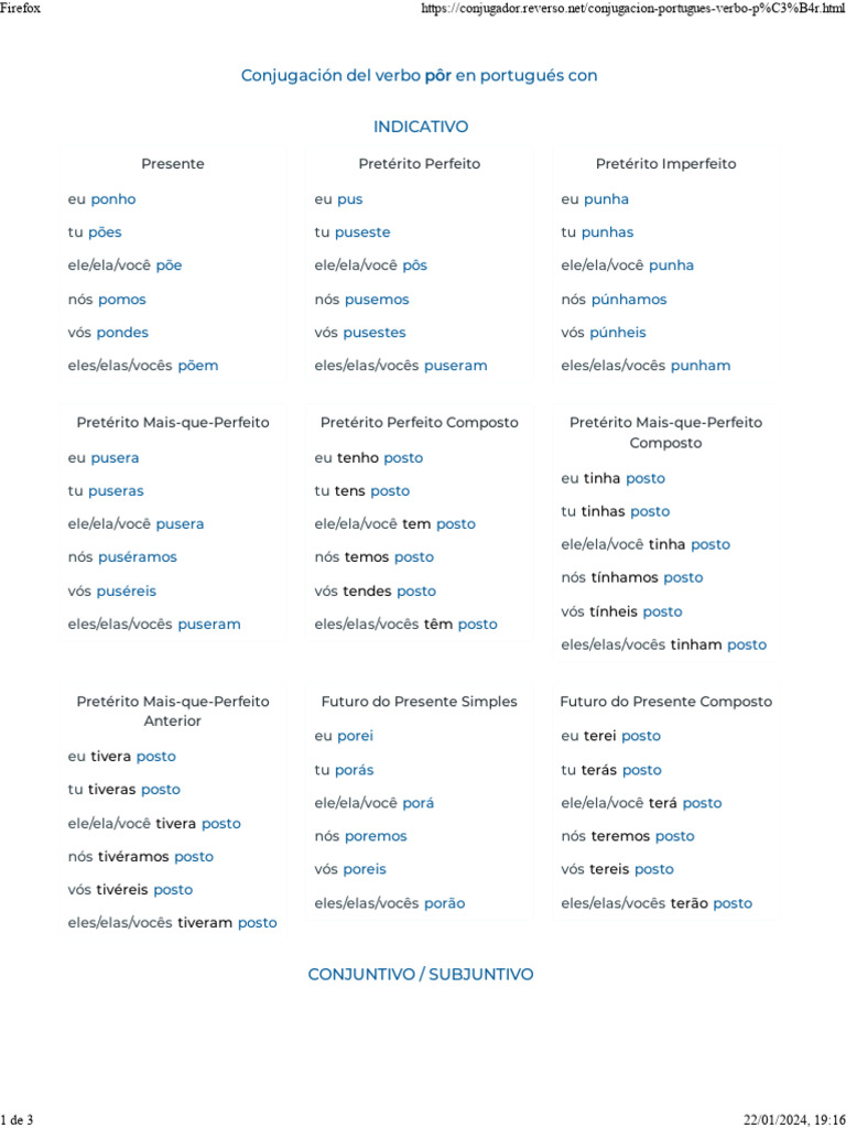 Conjugacion Portugues Verbo Pôr - HTML | PDF | Gramática | Morfologia