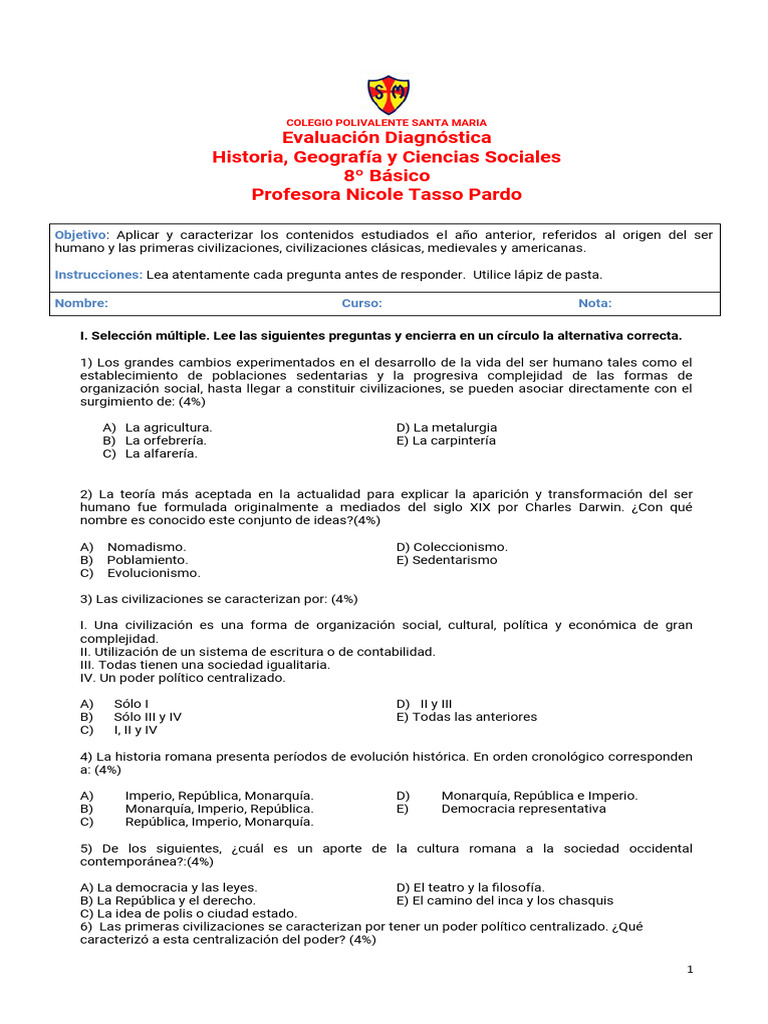 Evaluación Diagnóstica Historia 8º Básico | PDF | Edades medias ...