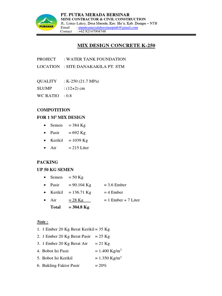 Mix Design Concrete K-250 | PDF