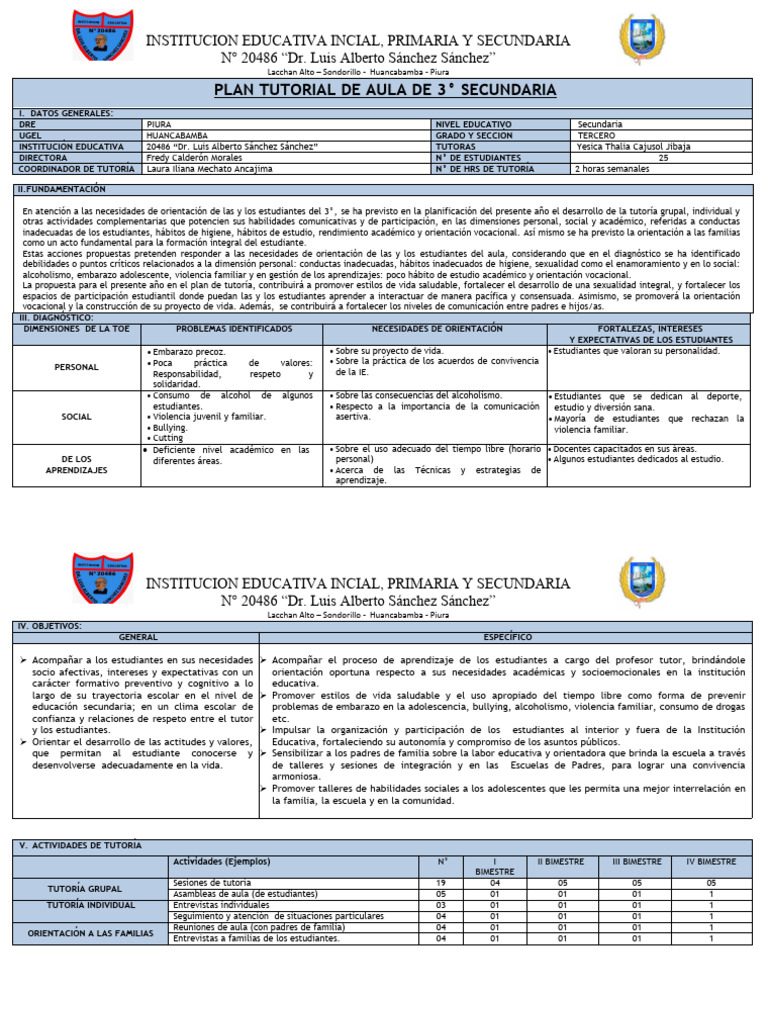 Plan Tutorial de Aula de 3° - Hbba - 2024 | PDF | Escuelas | Conceptos ...
