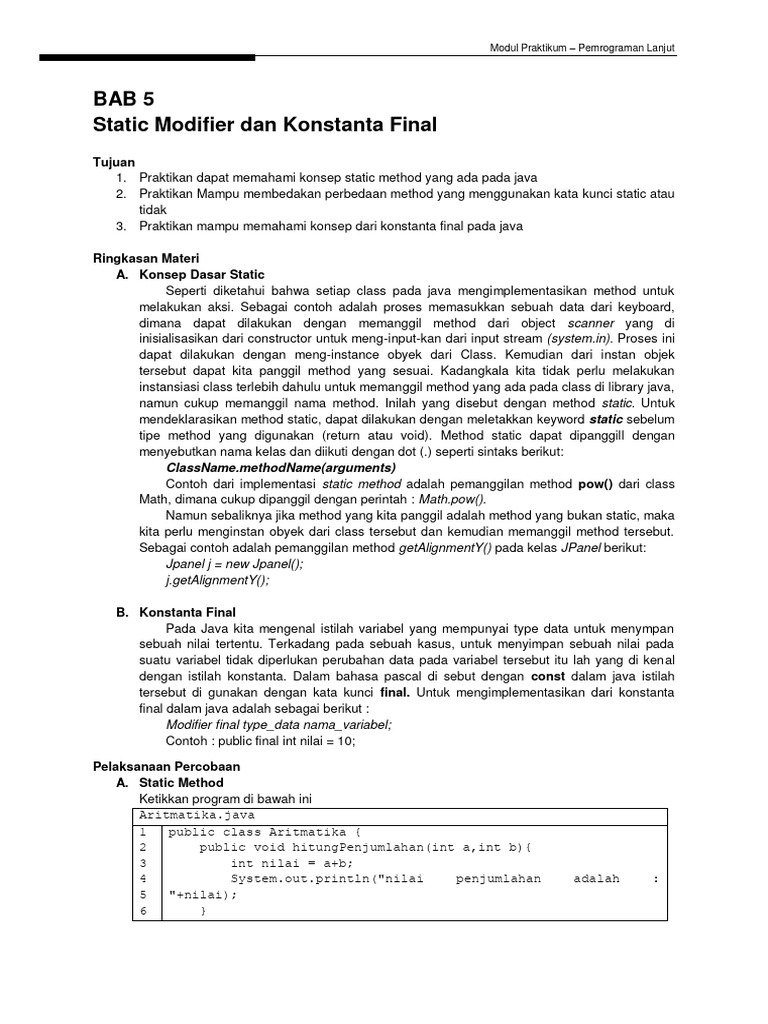 BAB 5 - Static Modifier Dan Konstanta Final | PDF