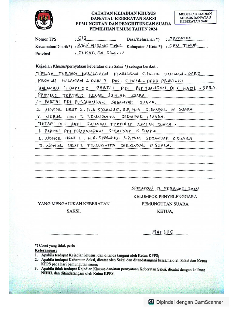 Catatan Kejadian Khusus TPS 13 DPR Provinsi | PDF