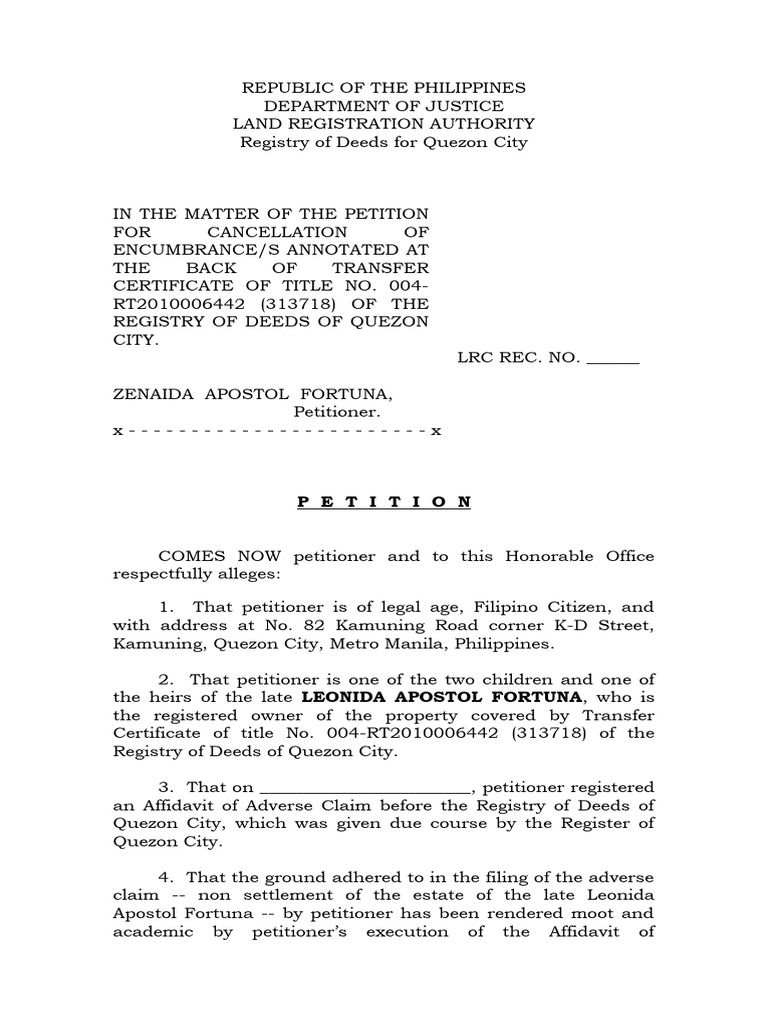 Petition For Cancellation of Adverse Claim Filed by Adverse Claimant ...