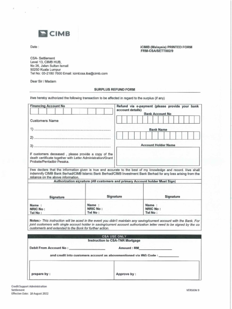 CIMB Surplus Form | PDF