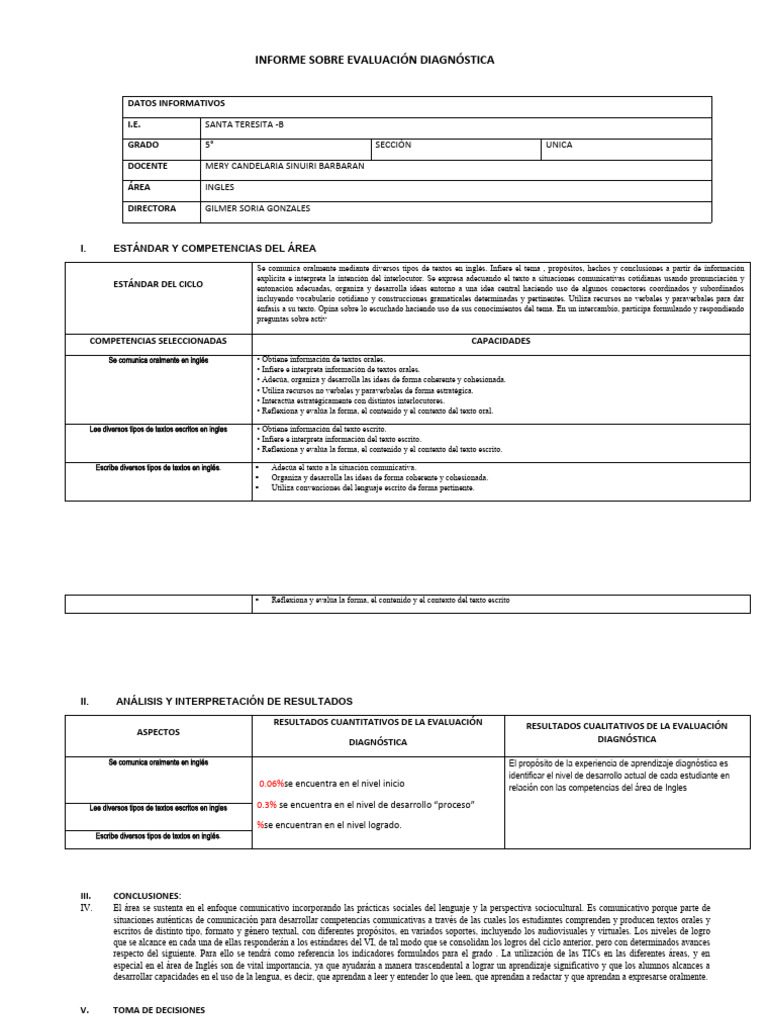Informe Evaluacion Diagnostica | PDF | Evaluación | Aprendizaje