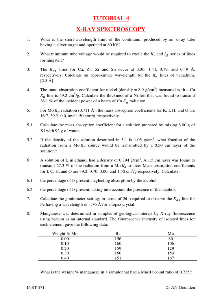 X-Ray Spectroscopy Tutorial Questions | PDF | X Ray | Materials Science