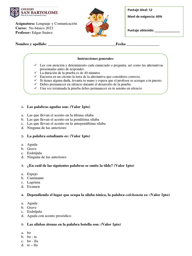 Evaluación Normas de Acentuación, Sinonimos y Antónimos 5to Básico ...