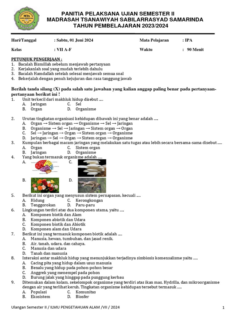 Soal Pas MTS Ipa Vii 2024 | PDF | Sains & Matematika