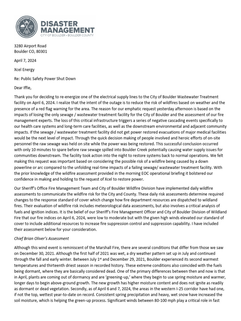Boulder County Letter To Xcel Energy | PDF | Wildfire | Fires