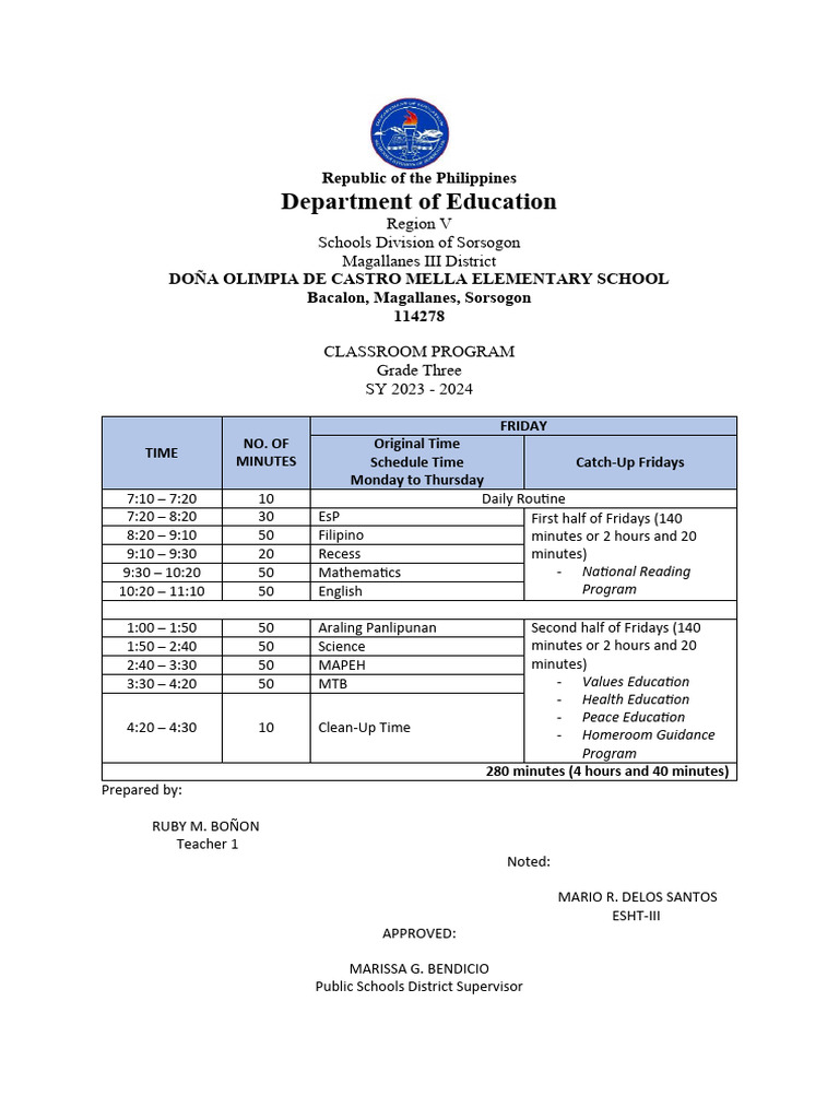 Classroom Program: Time Breakdown | PDF | Schools | Educational ...
