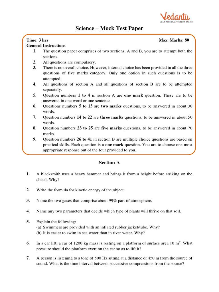 CBSE Sample Question Papers For Class 9 Science - Mock Paper 3 | PDF ...