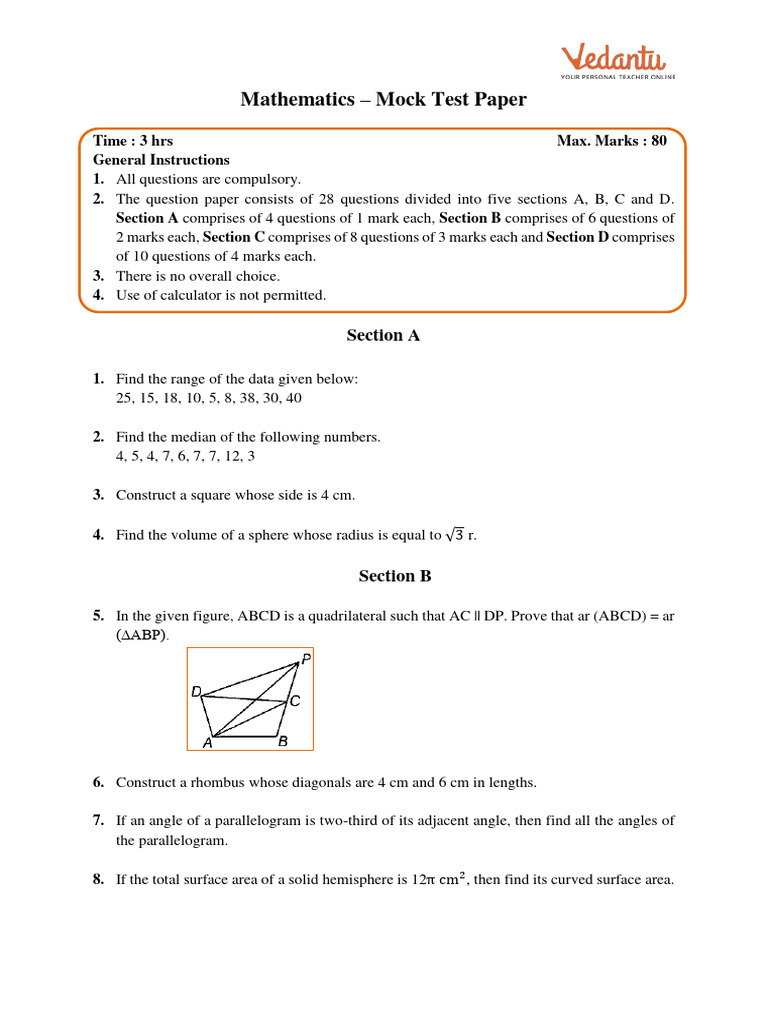 CBSE Sample Question Papers For Class 9 Maths - Mock Paper 4 | Download Free PDF | Rectangle | Area