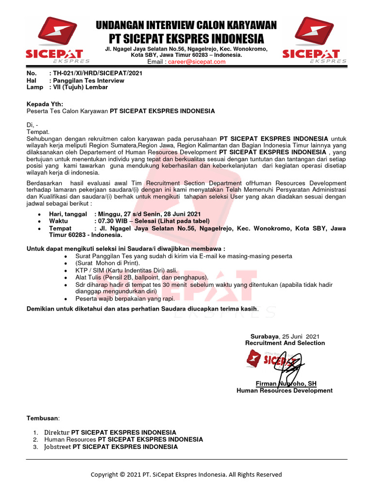 Undangan Interview PT SiCepat Ekspres Indonesia - Surabaya | PDF ...