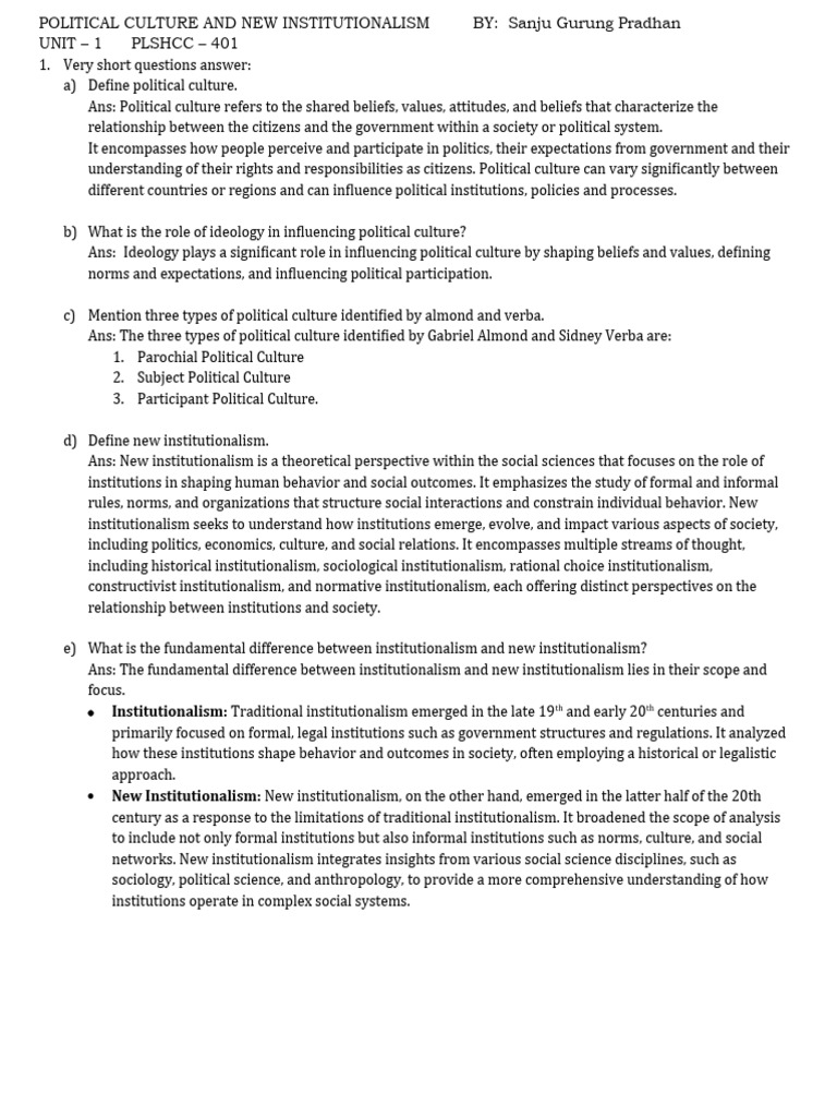 Political Culture and New Institutionalism | PDF | Institution ...