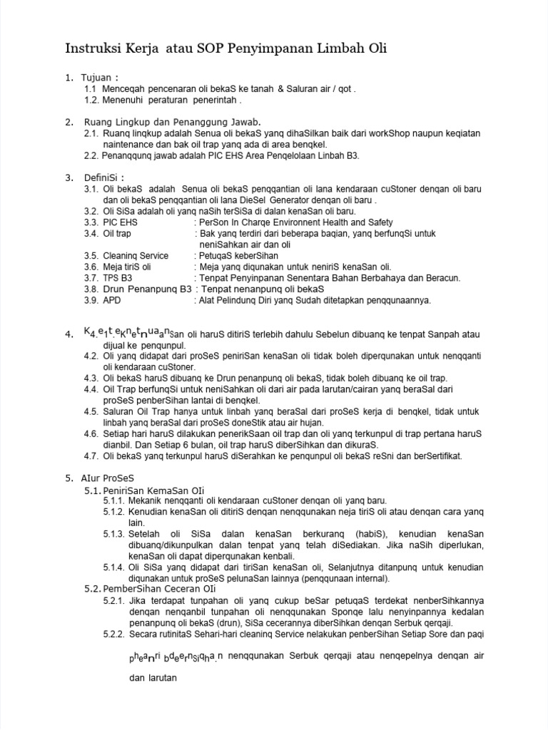 PDF Sop Penyimpanan Limbah b3 Oli Bekas - Compress | PDF