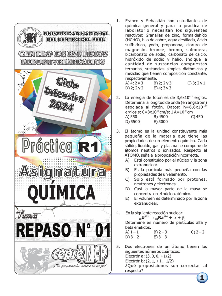 REPASO #01 - QUÍMICA - CI 2024okok | PDF | Átomos | Química