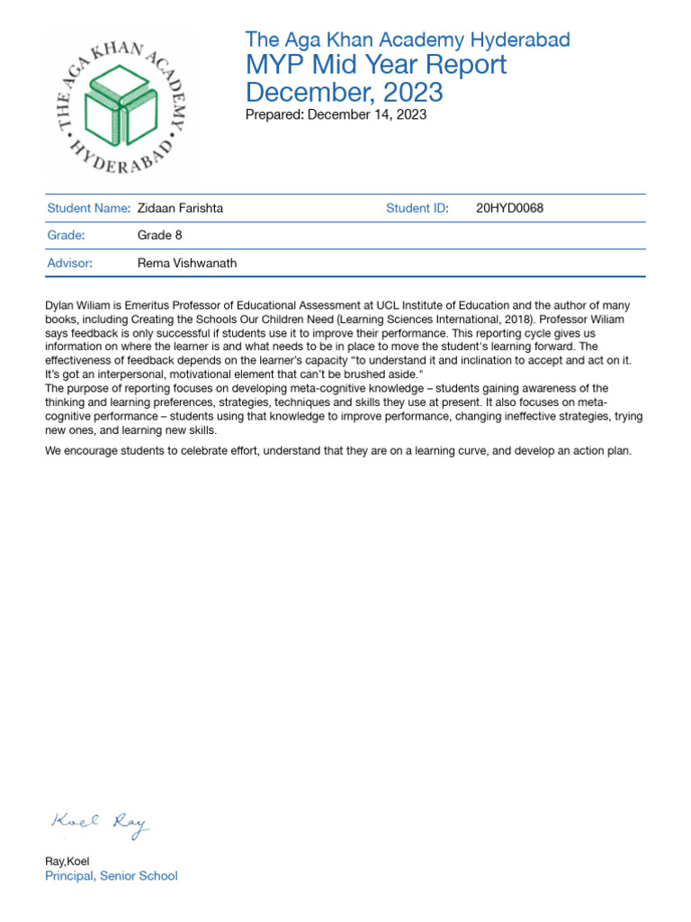 Zidaan Farishta Midterm Report Card MYP3 | PDF | Communication | Science