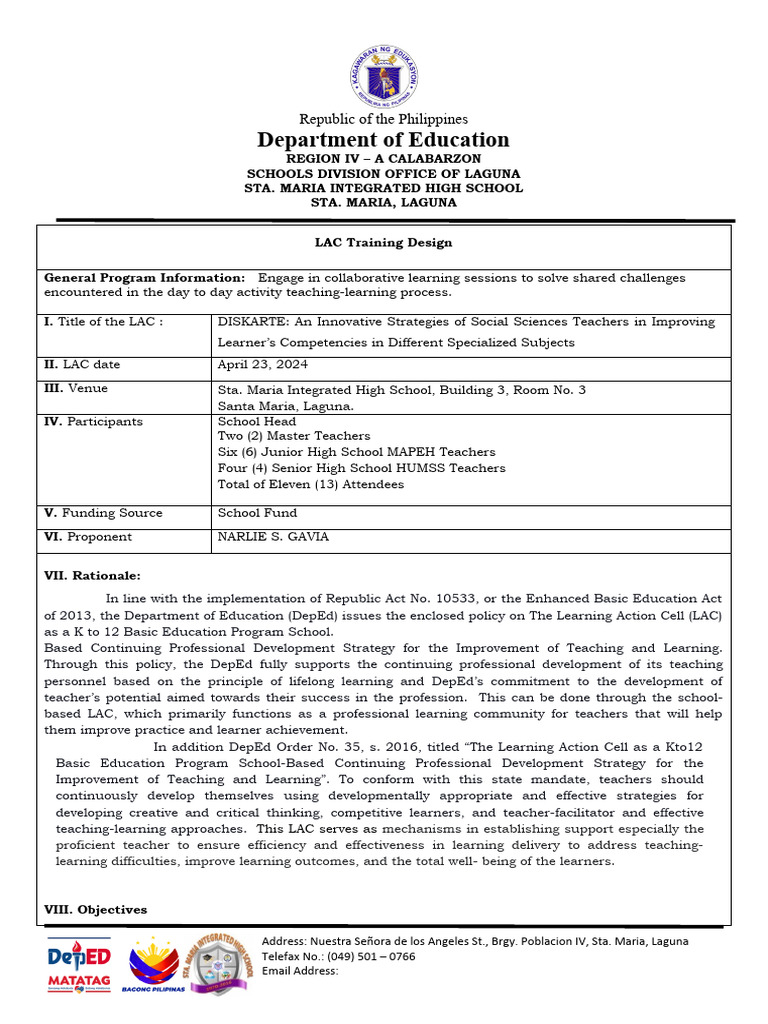 2023-2023 LAC Training Design | PDF | Learning | Teachers