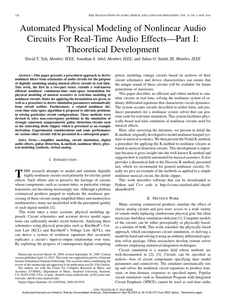 Automated Physical Modeling of Nonlinear Audio Circuits For Real-Time Audio EffectsPart I ...