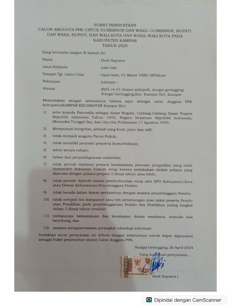 Surat Pernyataan Dodi | PDF