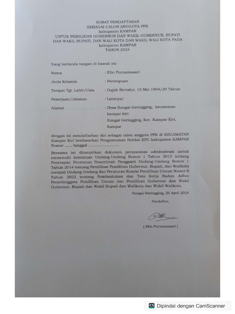 Surat Pendaftaran Elin | PDF