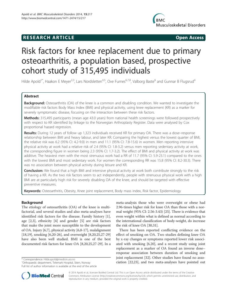 Risk Factors For Knee Replacement Due To Primary Osteoarthritis, A ...