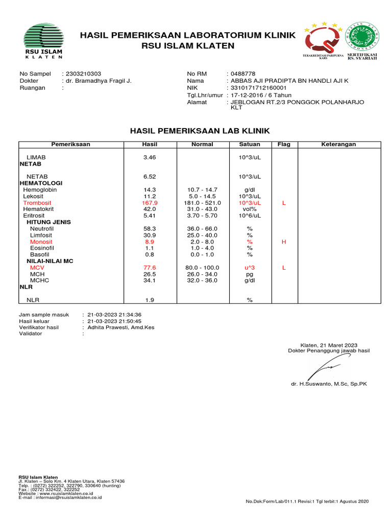 Hasil Lab Hematologi Anak 6 Tahun | PDF