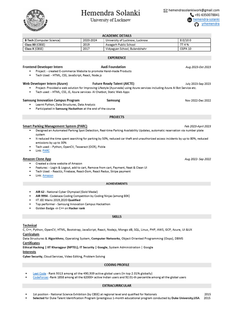 HemendraSolanki Resume | PDF | Cyberspace | Computing