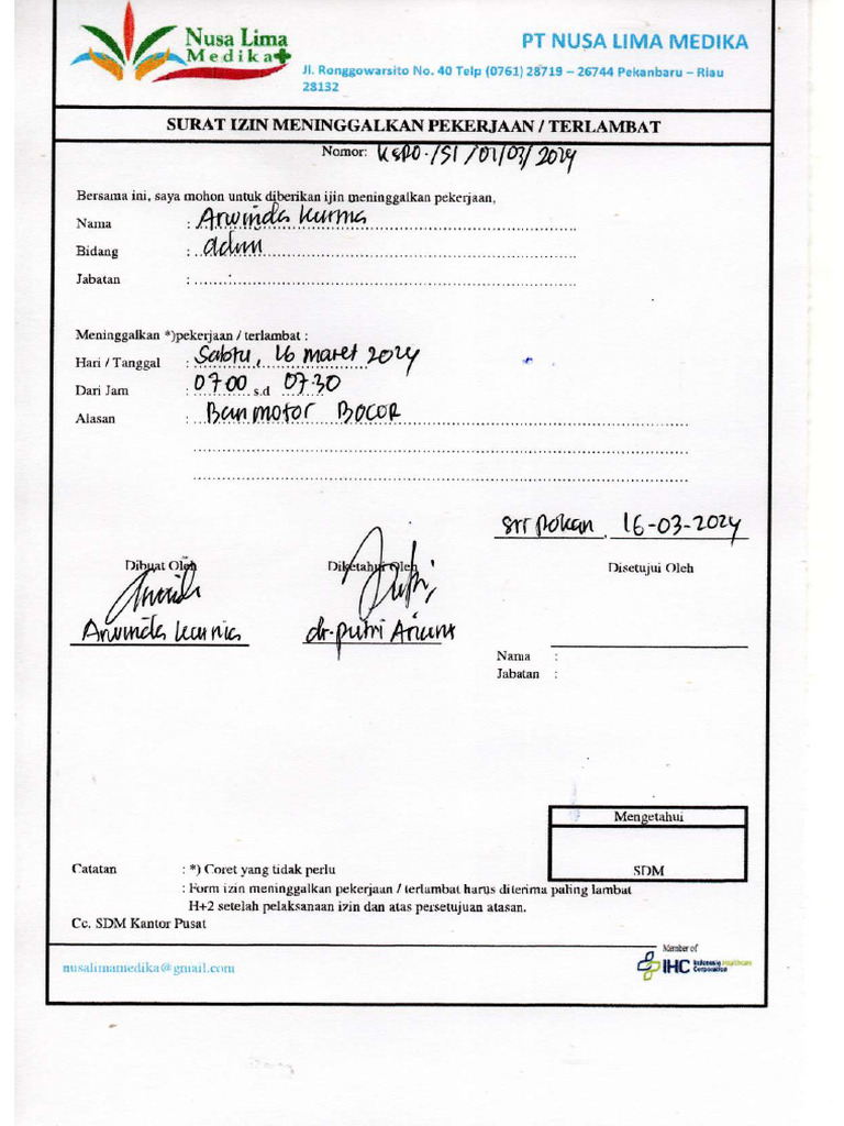 Form Izin Terlambat | PDF