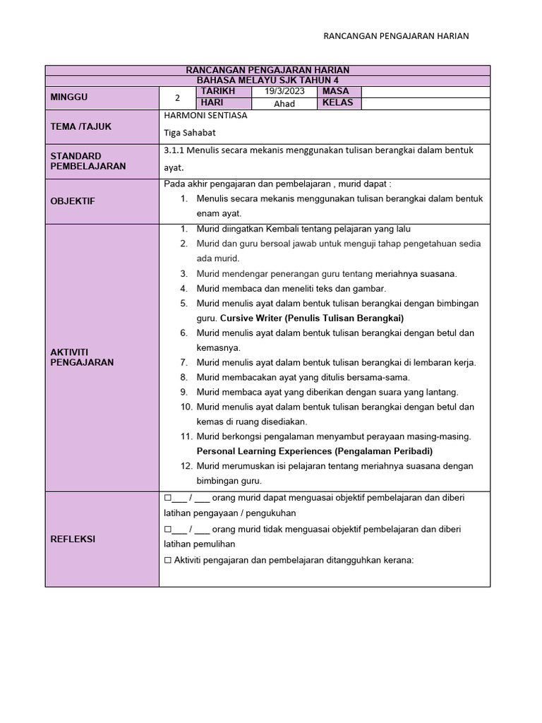 RPH Ringkas Minggu 2 BM SJK THN 4 2024 by Cikgu Gorgeous | PDF | Seni & Disiplin Bahasa