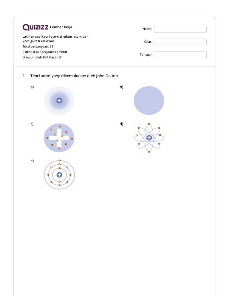 Latihan Soal Teori Atom Struktur Atom Dan Konfigurasi Elektron - Quizizz | PDF