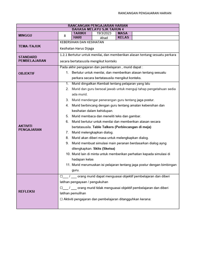 RPH Ringkas Minggu 8 BM SJK THN 4 2024 by Cikgu Gorgeous | PDF