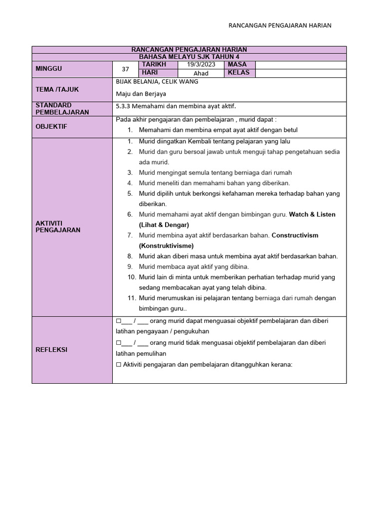 RPH Ringkas Minggu 37 BM SJK THN 4 2024 by Cikgu Gorgeous | PDF