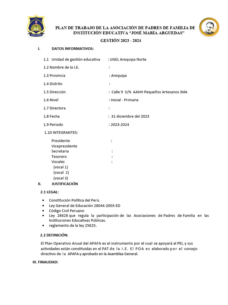 PLAN DE TRABAJO POA Apafa | PDF