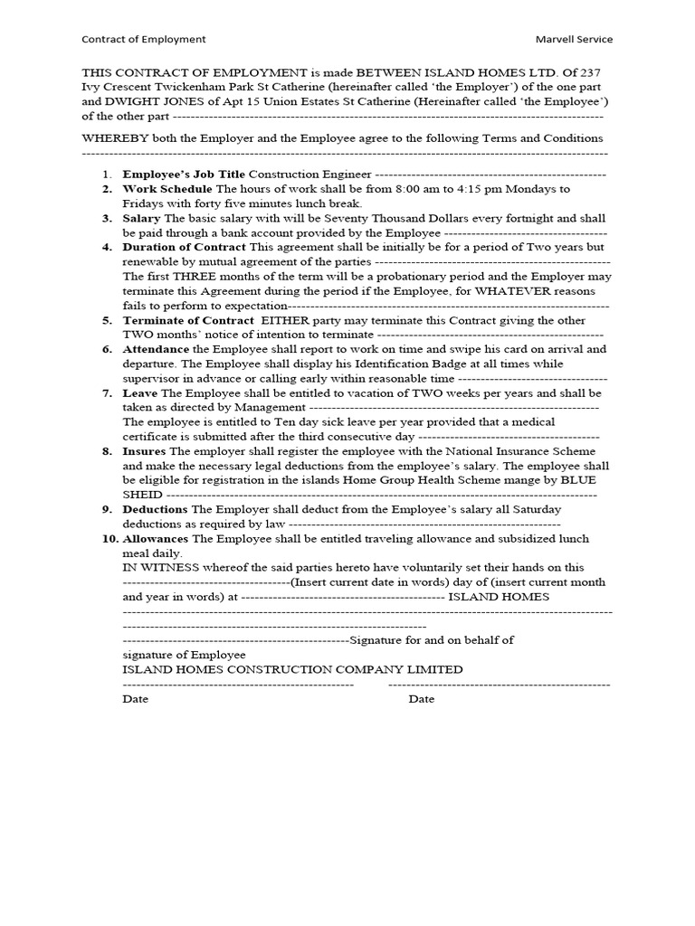 Contract of Employment M.S. | PDF | Employment | Sick Leave