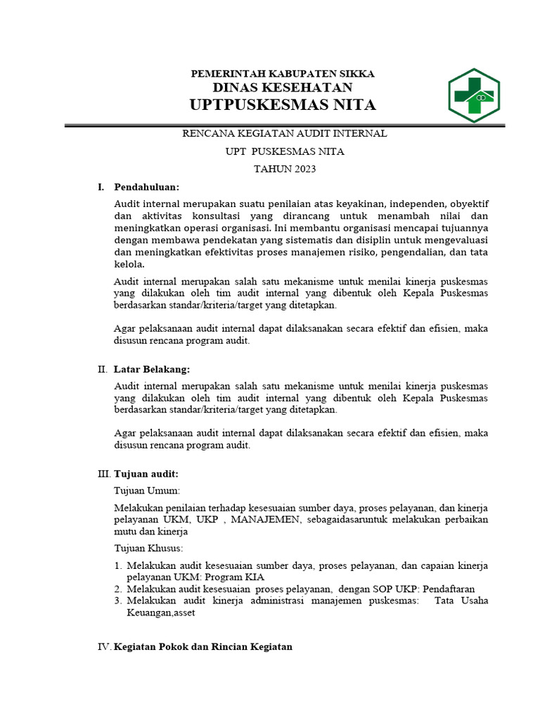 Rencana Audit Internal Puskesmas Nita 2023 | PDF | Bisnis | Pengelolaan Keuangan & Uang