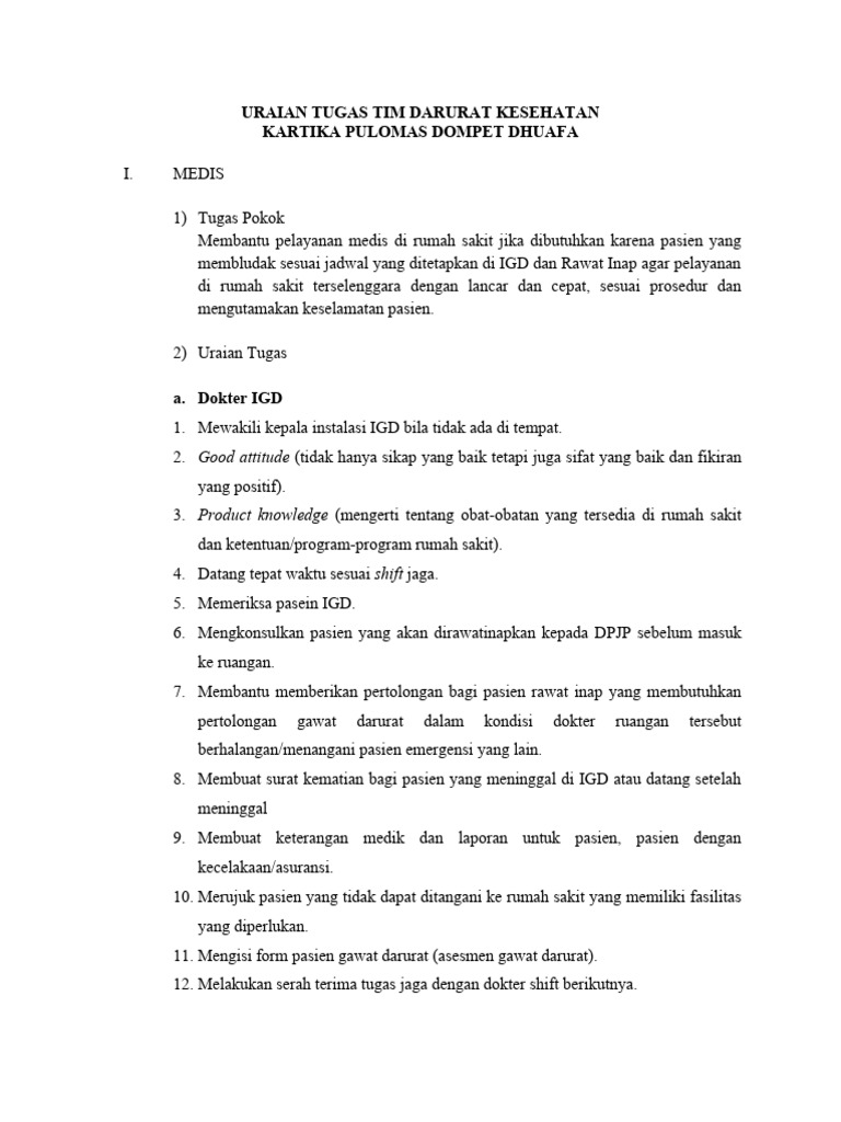 Uraian Tugas Tim Darurat Kesehatan | PDF