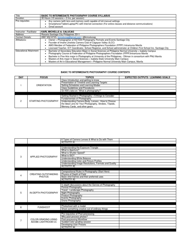 Photography Course Syllabus | PDF | Portrait Photography | Image Editing
