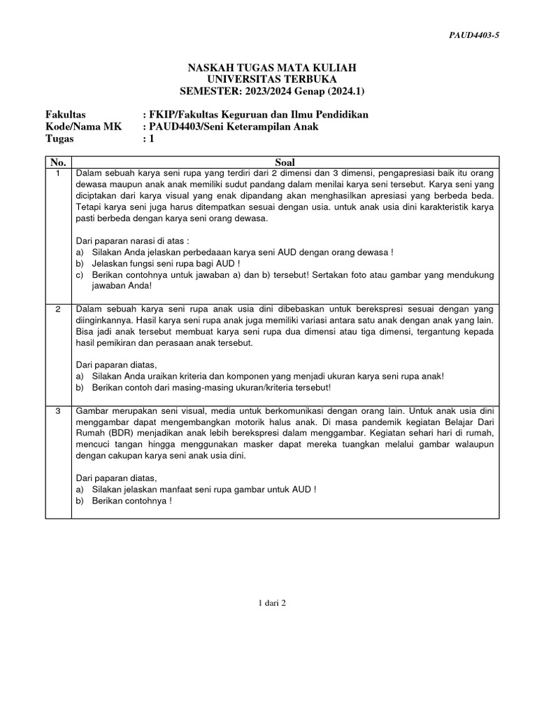 Soal Paud4403 tmk1 5 | PDF | Seni | Sains & Matematika