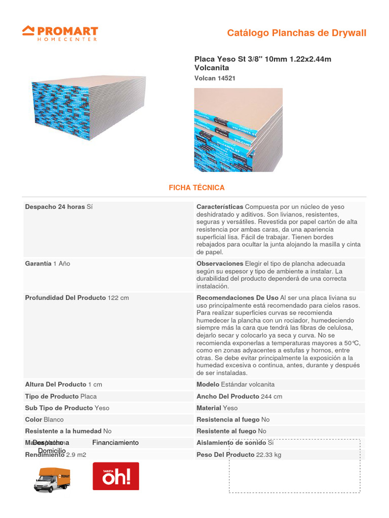 Ficha Técnica Planchas de Drywall | PDF | Paneles de yeso | Materiales ...