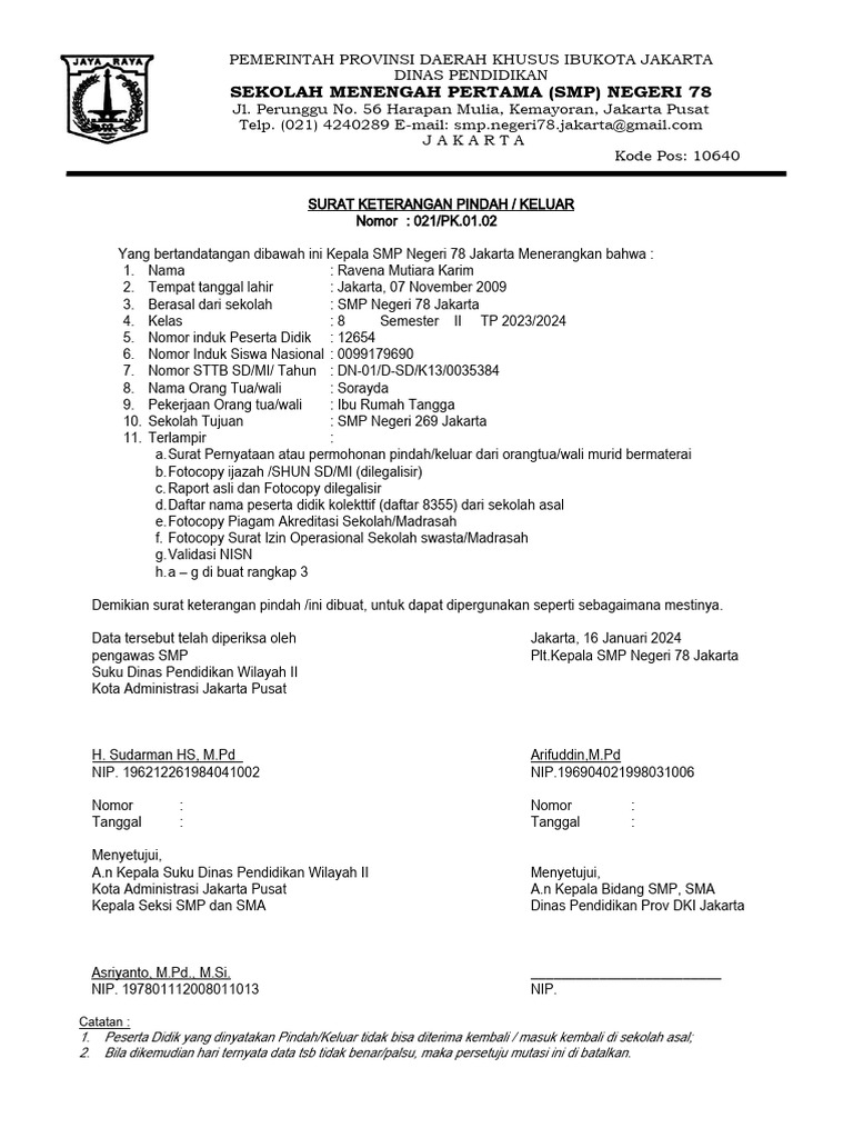 Contoh Surat Mutasi Masuk Dan Mutasi Keluar PD | PDF