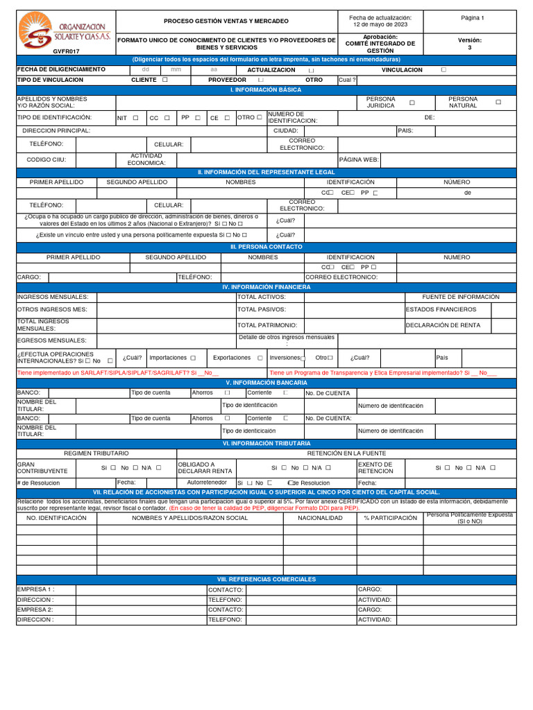 GVFR017 Formato Unico de Conocimiento de Clientes y Proveedores 2023-2 ... GVFR017 Formato Unico de Conocimiento de Clientes y Proveedores 2023-2 ...