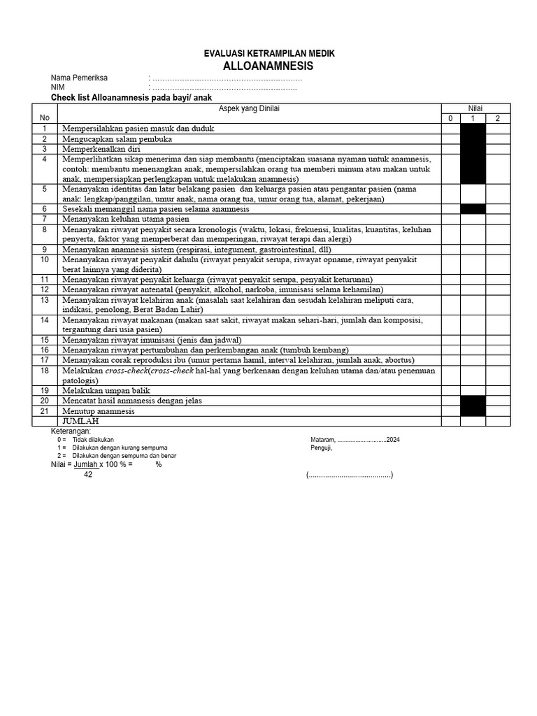 Chelist Evaluasi Ketrampilan Medik Alloanamnesis | PDF