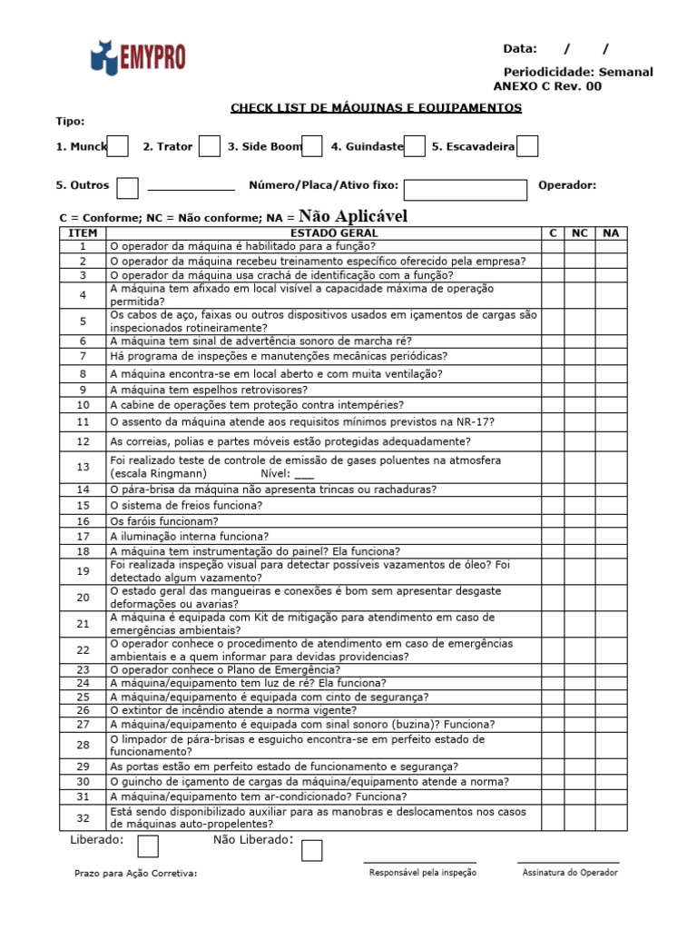 Anexo C - Check List Máq. e Equip - Rev. 00 | PDF | Guindaste (máquina ...