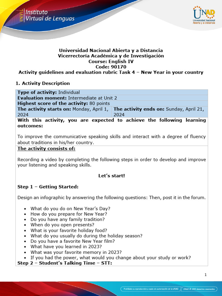 Activity Guide and Evaluation Rubric - Unit 2 - Task 4 – New Year in Your Country | PDF ...