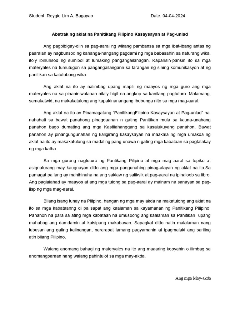 Abstrak NG Aklat Na Panitikang Filipino Kasaysayan | PDF