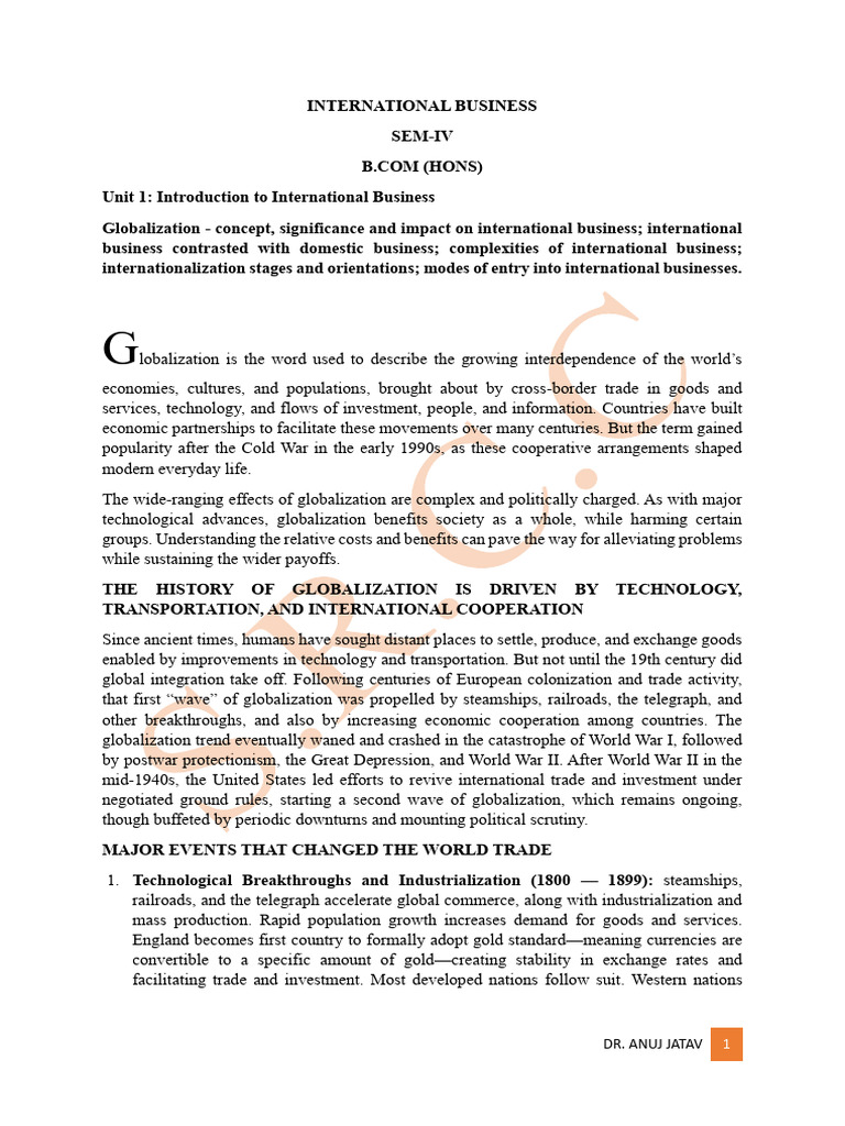 Unit 1 International Business | PDF | Globalization | Commerce