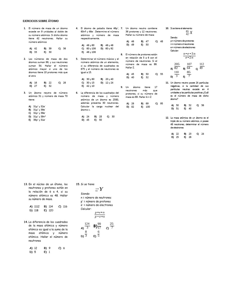 Ejercicios Sobre Atomo | Descargar gratis PDF | Neutrón | Átomos